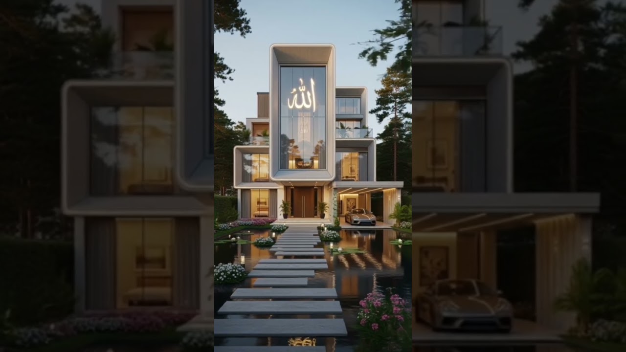 Futuristic 4-Story House Design with “Allah” Name on Facade | Modern Islamic Architecture