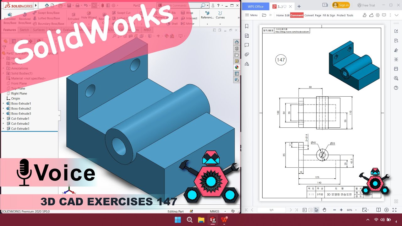 SolidWorks | 3D CAD EXERCISES 147 | StudyCadCam | Solution Tutorial |