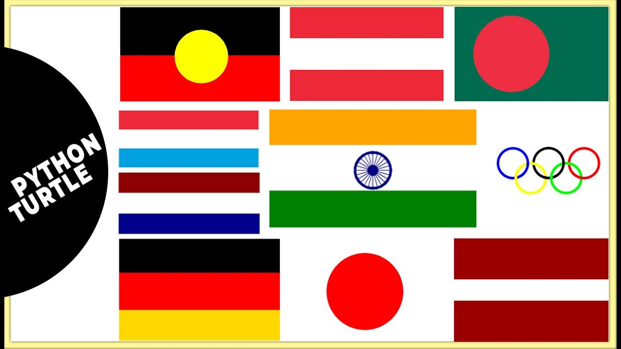 Python Turtle- Draw Different Countries Flag In Python Turtle Graphics | Olympic Ring By #BKTutorial