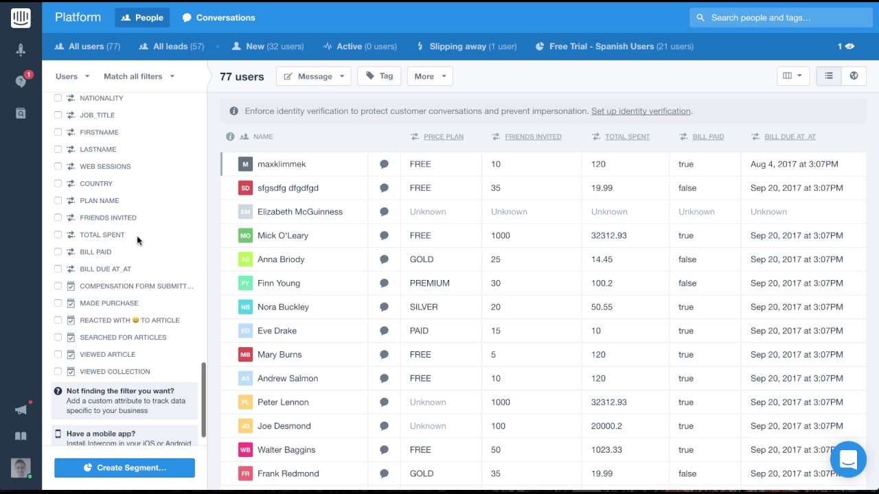Using custom attributes in Intercom