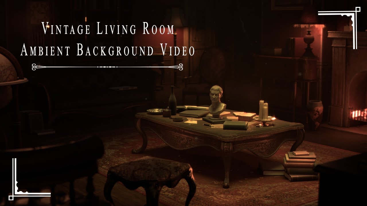 Vintage old room with crackling fireplace and wind outside - Ambient Background Video