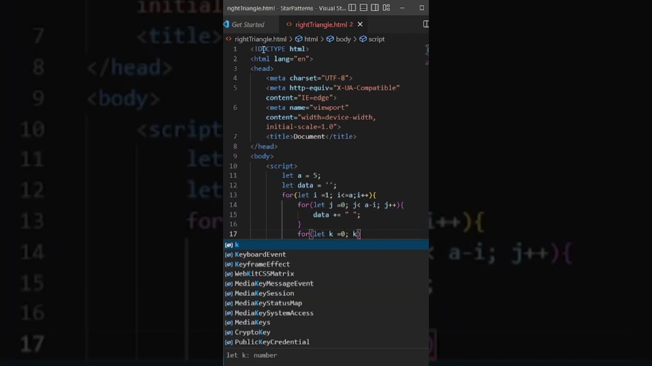 Right angle triangle star pattern in javascript #shorts #javascript #sourcecode #starpatterns