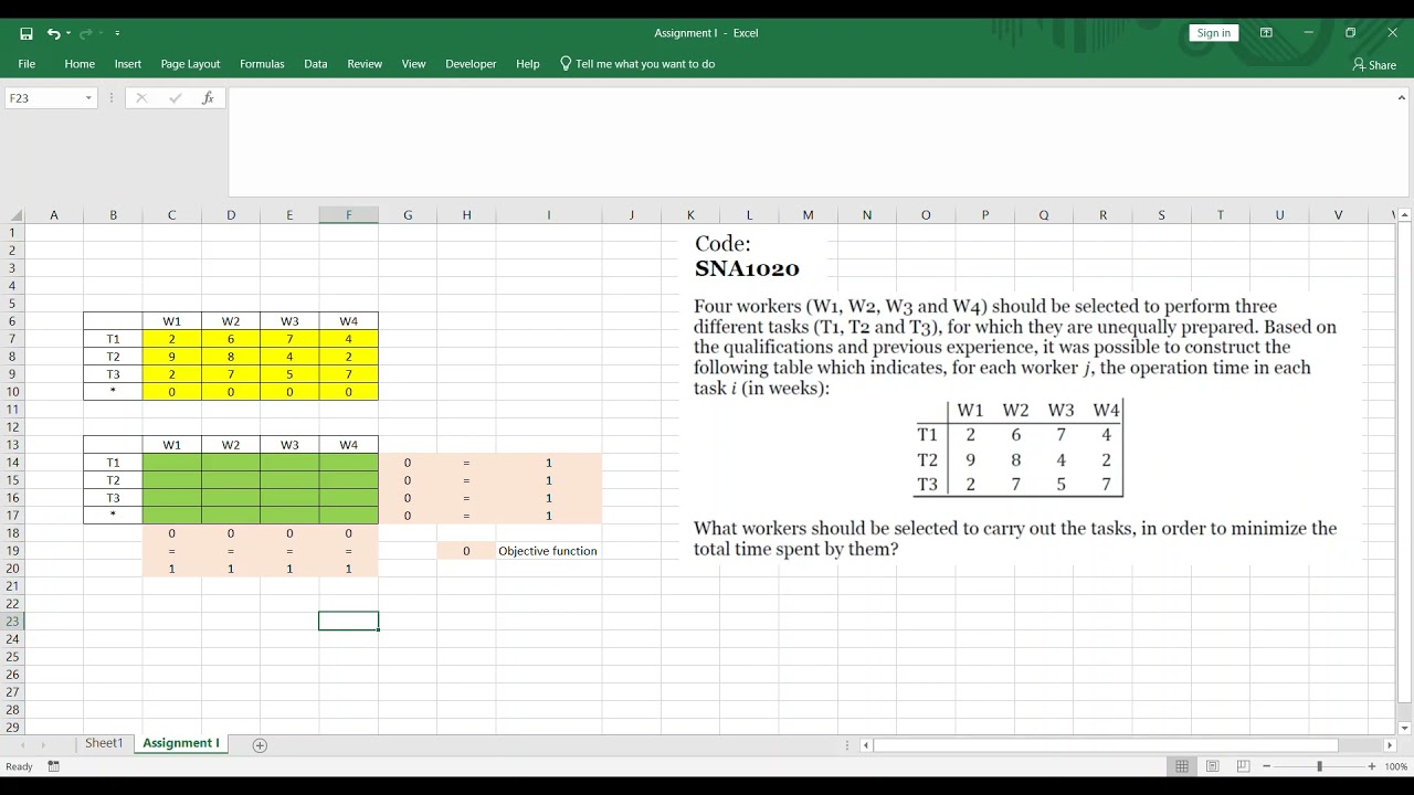 Solving an Assignment Problem in Solver: Linear Programming