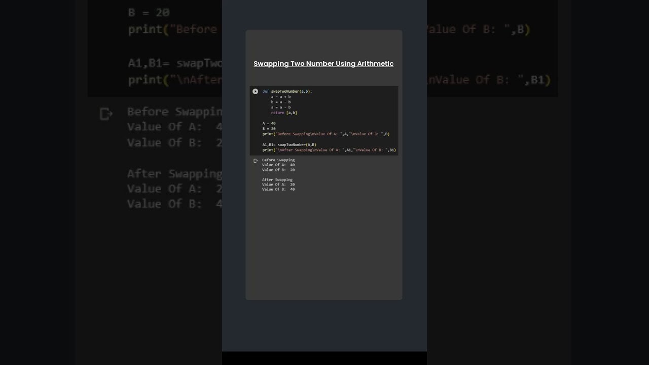Swapping Two Numbers Using Arithmetic Operations In Python Programming
