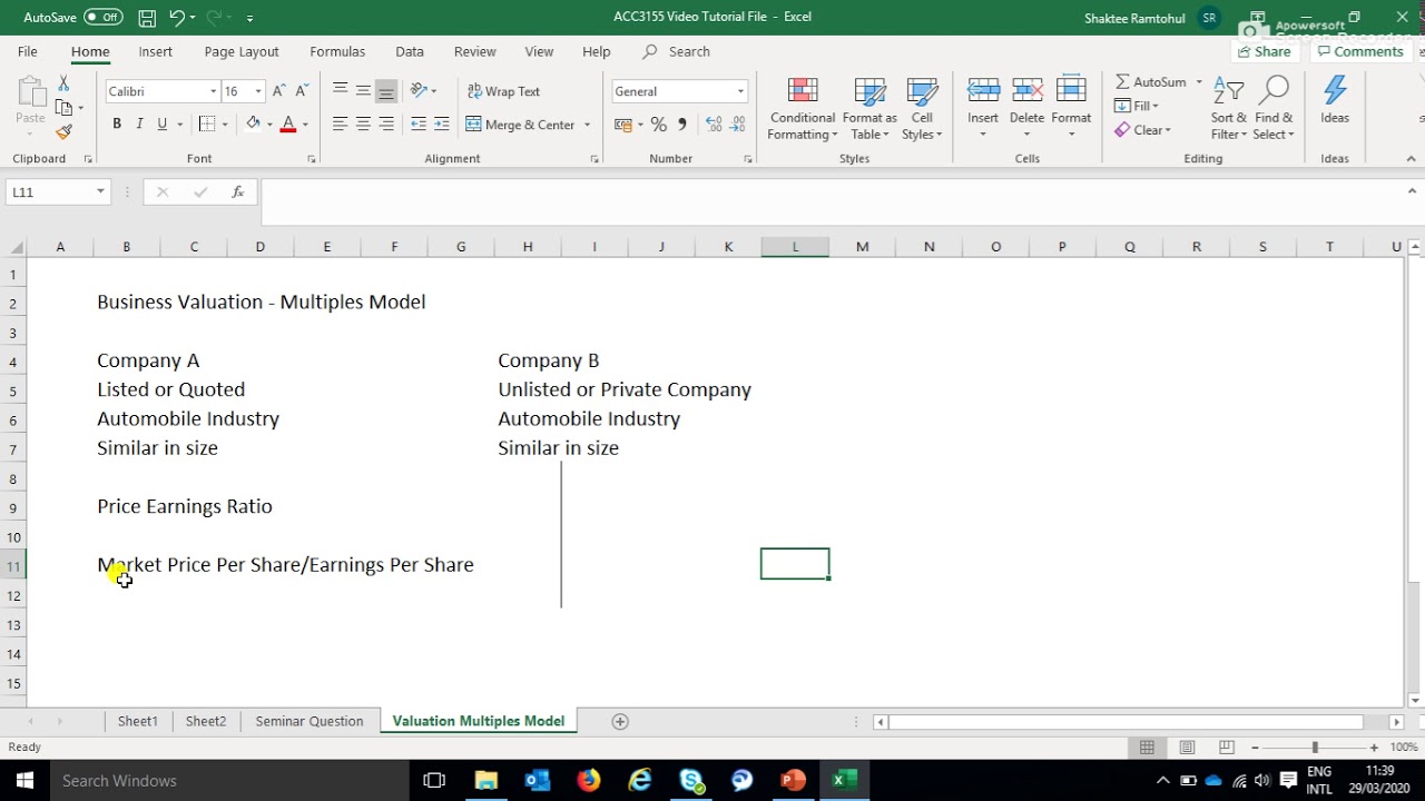 Financial Statements Analysis & Valuation, Business valuation Multiples Model Lecture 1