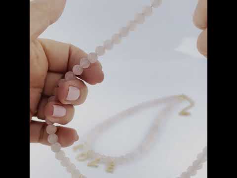 pink rose quartz gemstone choker with gold plated word charms