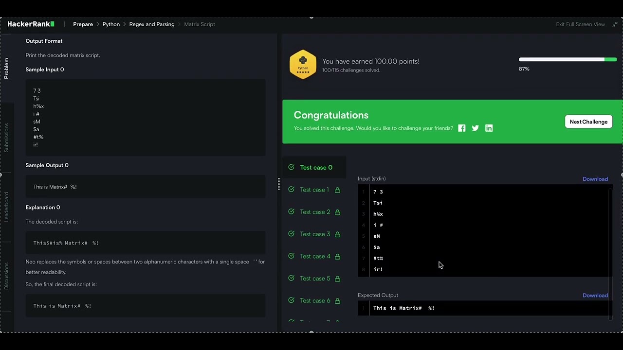 Hackerrank Python Solution #17 Regex and Parsing - Matrix Script