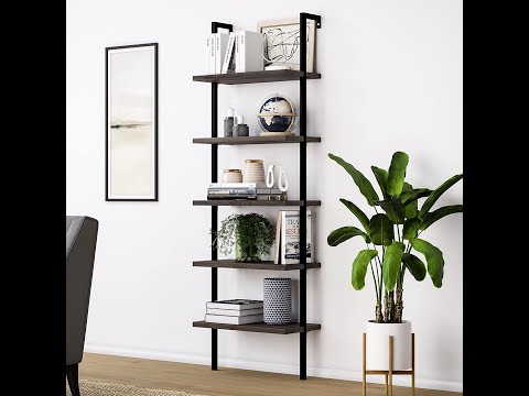 5-Shelf Modern Bookcase, Open Wall Mount Ladder Bookshelf with Industrial Metal Frame