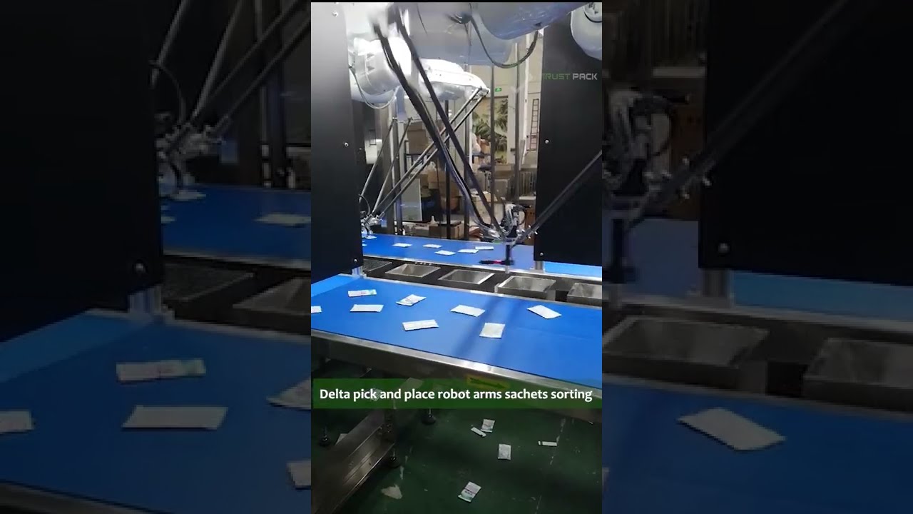 Pick and place robot arm sachets sorting system helps in health care industries.