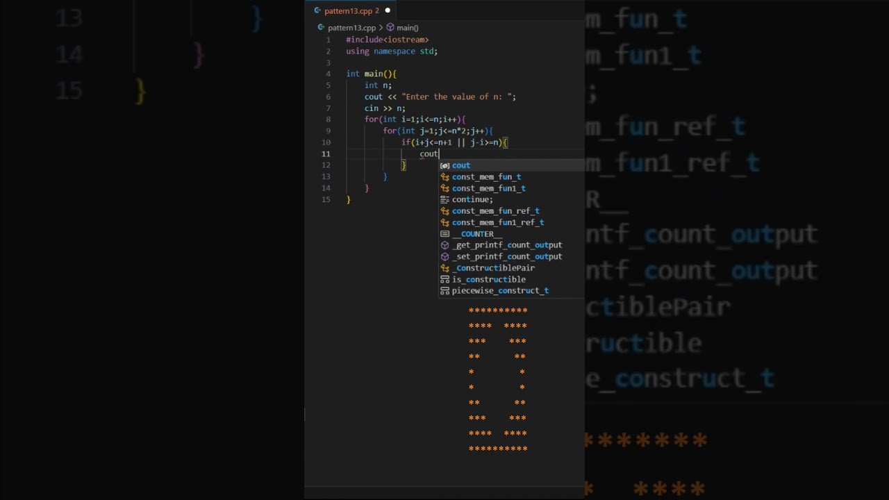 Hollow Diamond Inscribed in a Rectangle Pattern | Star pattern in C++  #shorts