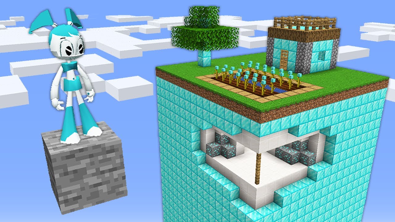 TEENAGE ROBOT ONE CHUNK SURVIVAL in Minecraft? SUPERHERO JENNY XJ9 WORLD Animation!