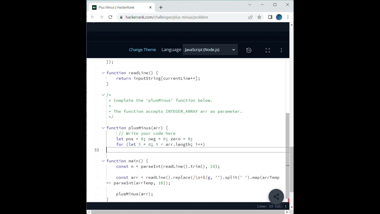 JavaScript Coding Challenge: Plus Minus problem on HackerRank