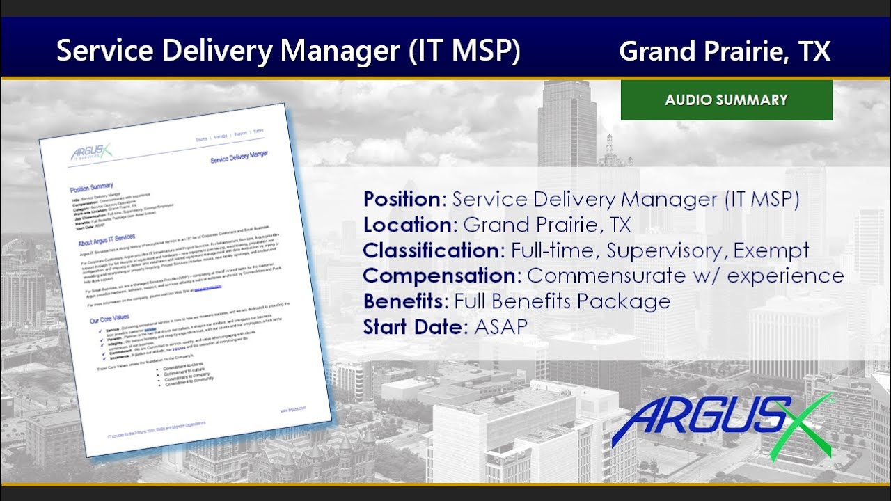 Argus IT Services, Service Delivery Manager - Opportunity Overview