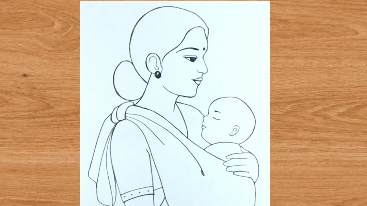 Mother with baby outline pencil drawing scenery | mother's day art