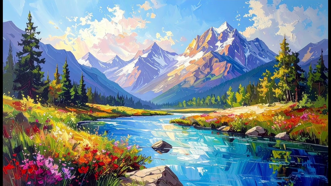 2 Hour Relaxing Nature Scenery | Acrylic Mountain River Painting in 4K | Calm TV Screensaver