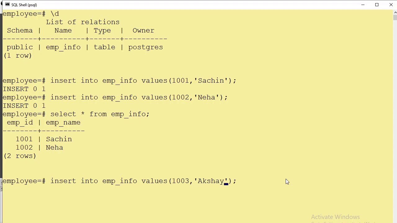 Create table command with primary key field in Postgres
