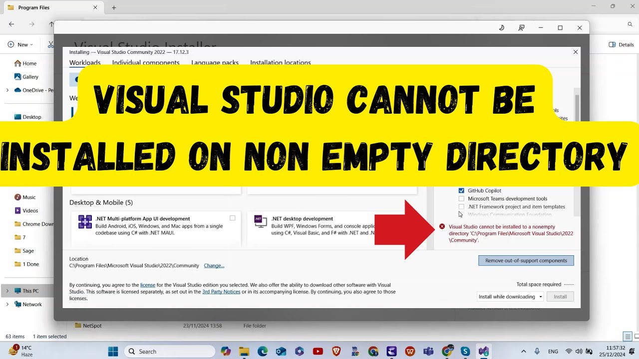 How to fix Visual Studio cannot be installed on non empty directory ?