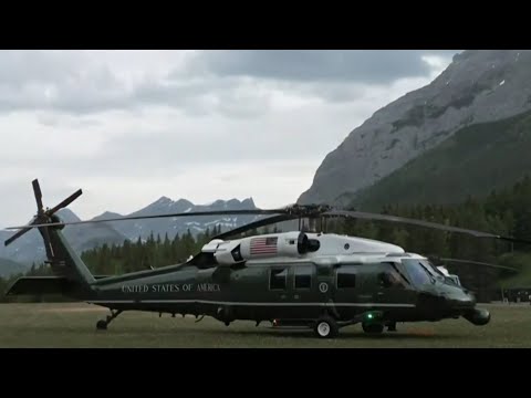 Donald Trump departs the G7 summit