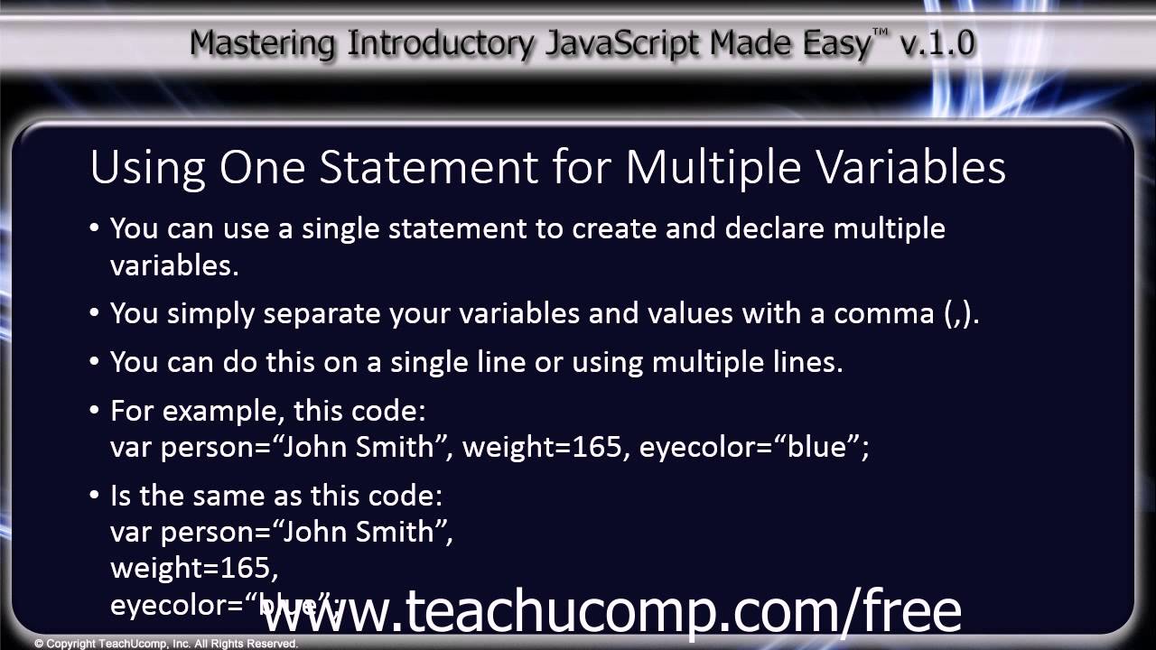 JavaScript Training Tutorial Using One Statement for Multiple Variables