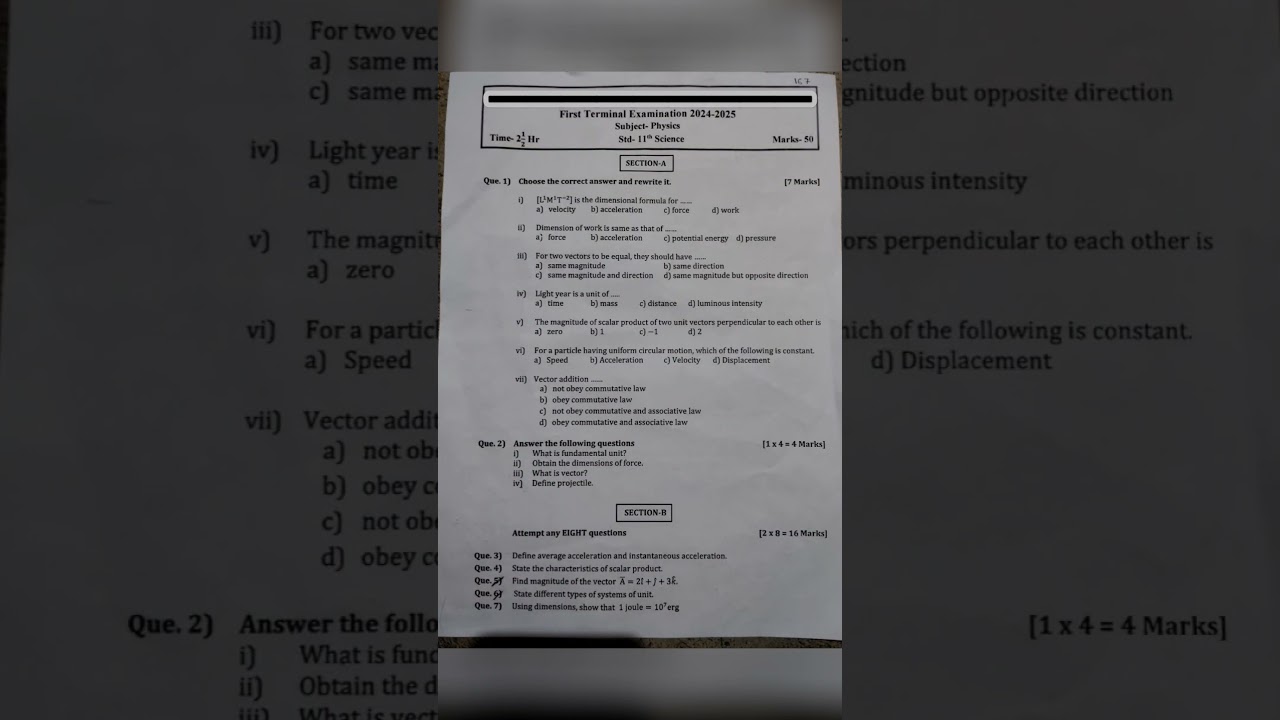 Class 11th Physics first semester exam 2024-25 | first term exam| maharashtra board| #firsttermexam