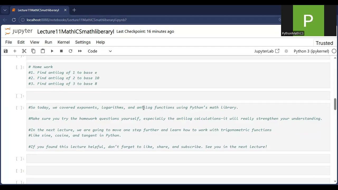 Python Math Library Tutorial | Log, exp(), sqrt(), pow() Explained |  Guide)lecture11