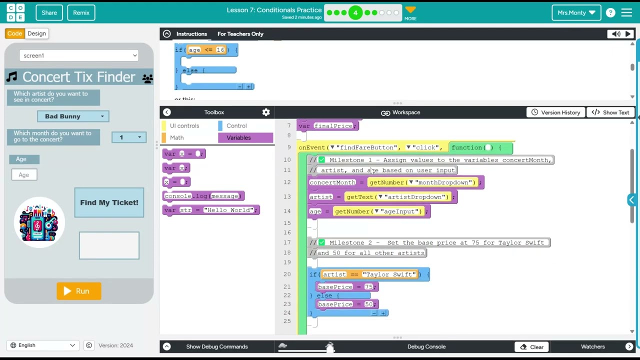 Code.org Computer Science Principles Unit 4: Lesson 7 - Conditionals Practice - Path C - Tix Finder