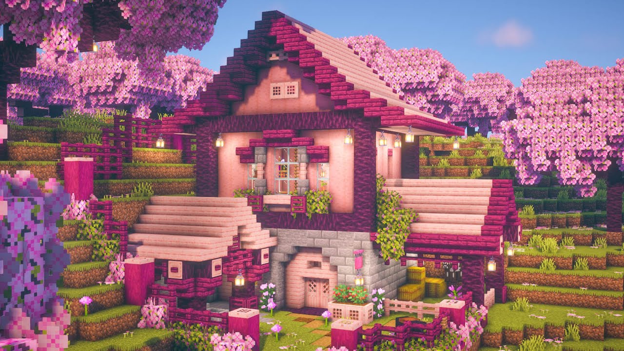 Minecraft | How to Build a Cherry Blossom House with Mine Entrance ...
