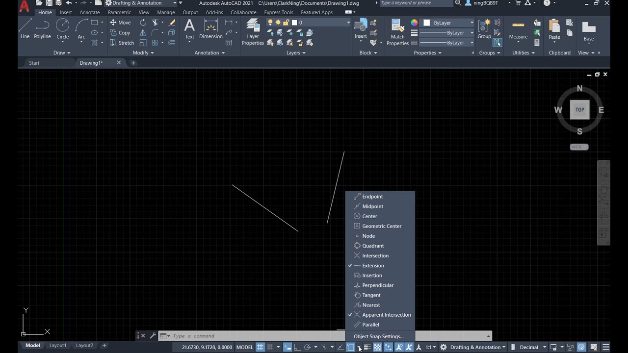 AutoCAD 2021 Tutorial: Dynamic Input and Object Snap: (XIII) Apparent Intersection
