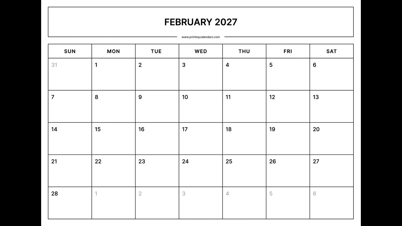 Printable February 2027 Calendar PDF | Free A4 & US Letter Templates | February 2027 Calendar PDF