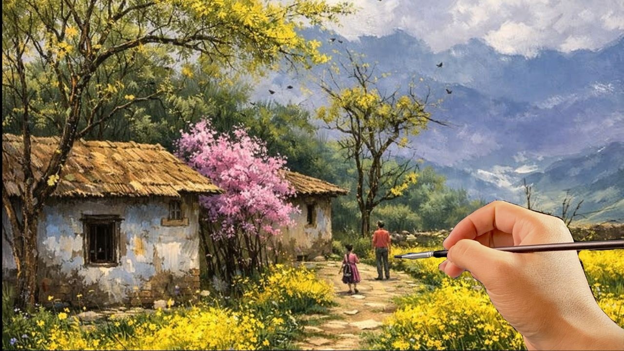 🎨 Painting a Peaceful Spring Countryside Cottage | Relaxing Acrylic Landscape Tutorial | #058