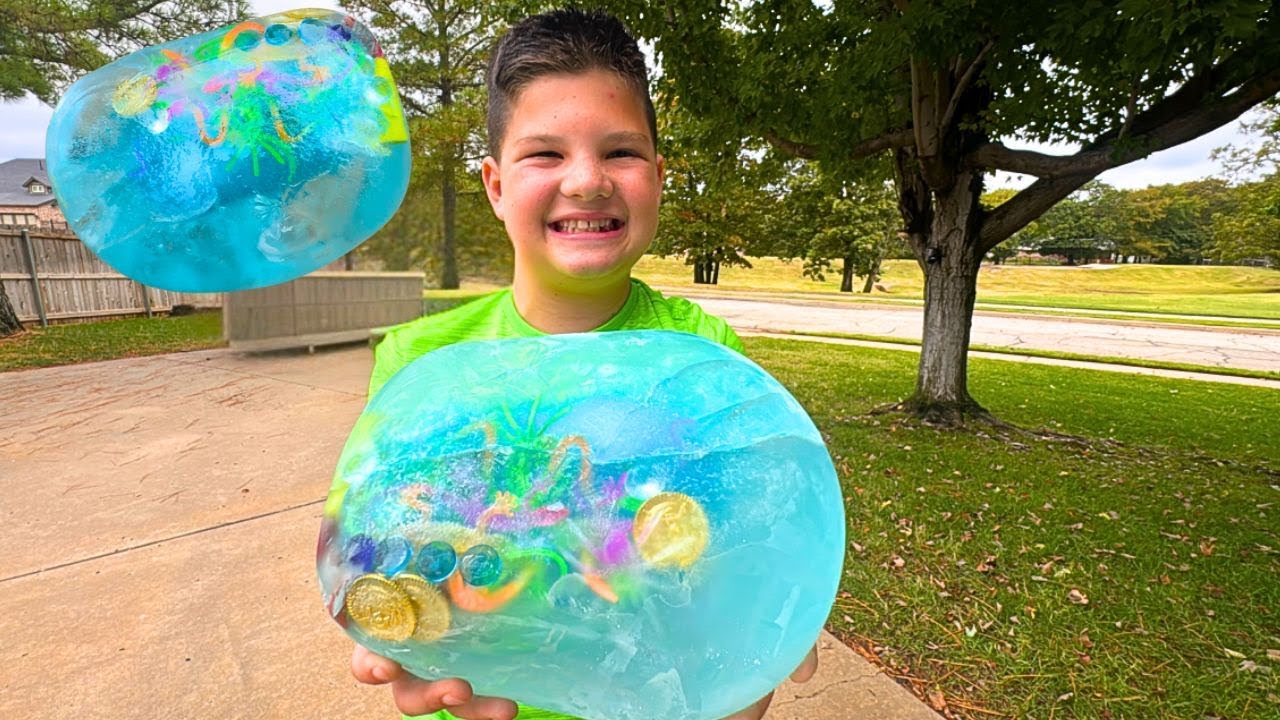 GIANT ICE EGGS Filled with Toys! Caleb & Mommy FUN Science Activity for Kids! Melting Ice Balloons!