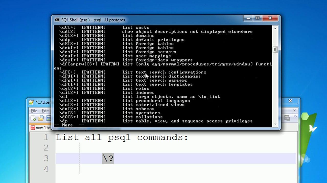 PostgreSQL - SQL Shell - List all psql commands