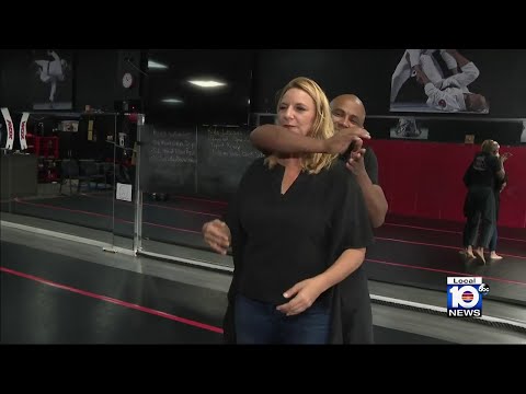 Retired Miami-Dade police defensive tactics instructor demonstrates two self-defense tactics wh...