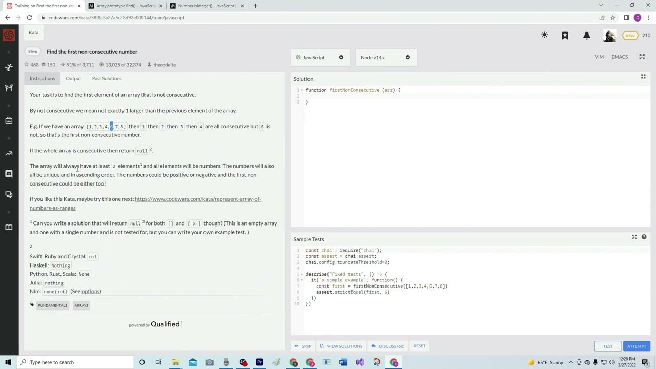 (Archived) Codewars 8 kyu Find the First Non-Consecutive Number JavaScript
