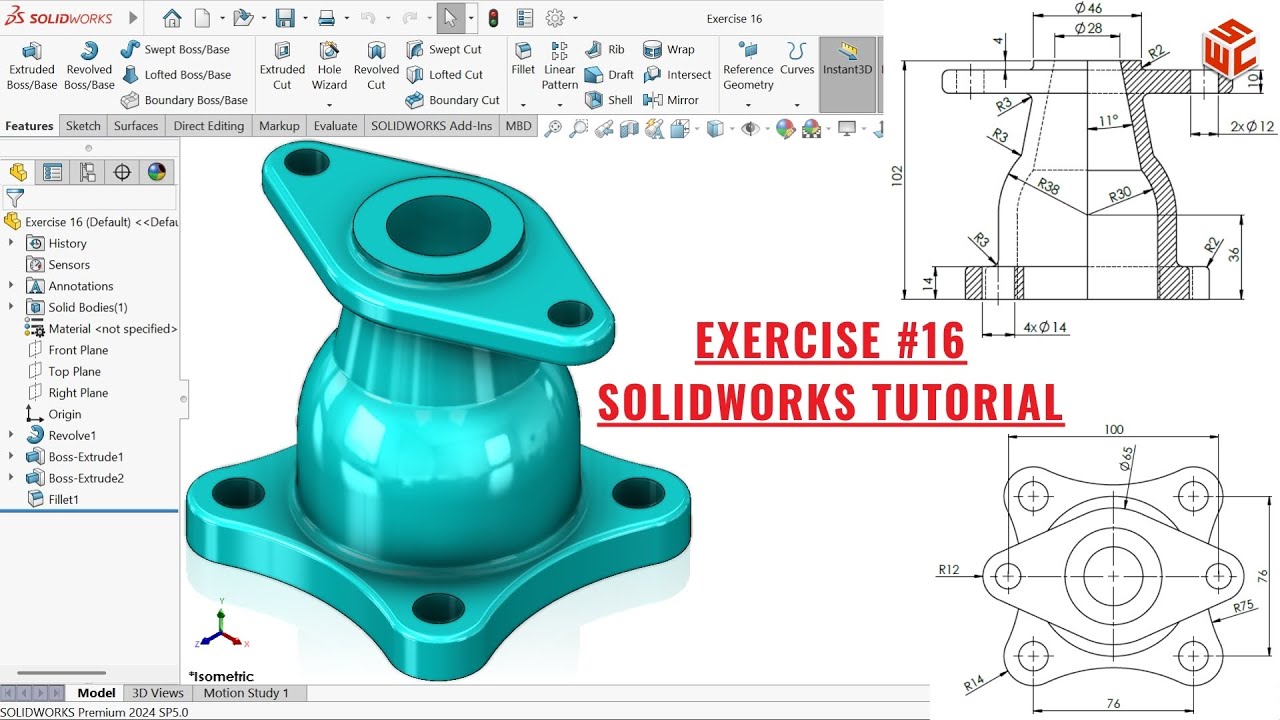 SolidWorks 3D Modeling Tutorial – Exercise 16 | Step-by-Step Guide