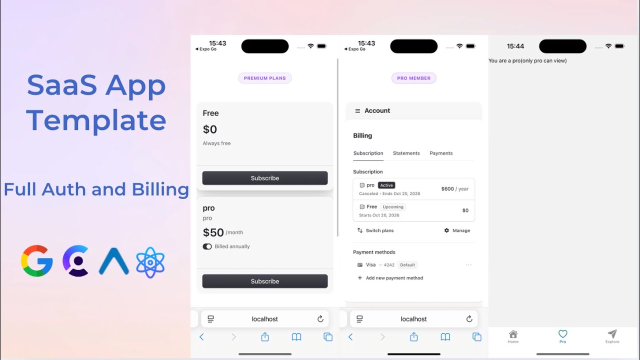 SaaS App Template with React Native & Expo54 (Clerk Auth, Email and Google login,  Billing & Plans)