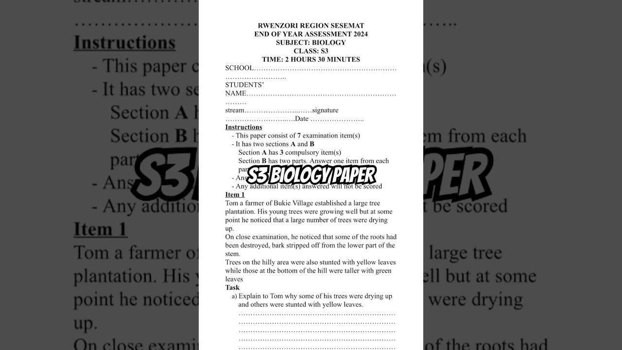 S3 BIOLOGY PAPER #katedapp #exam #education