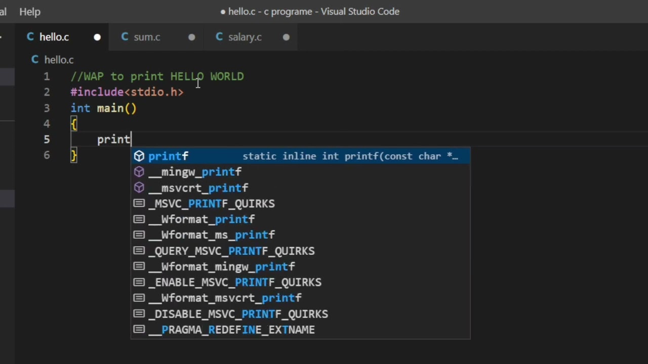 Hello world in c using vs code