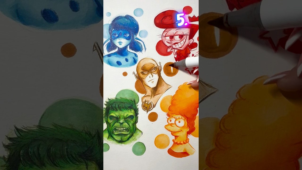 I draw 5 animated characters with only one color. #drawing #art