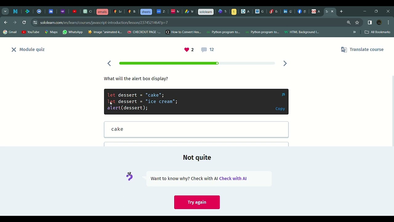 08 Module quiz | Introduction to JavaScript | Sololearn