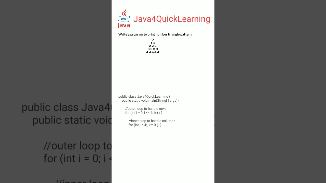 Program to print number triangle pattern in java || Interview Questions #java4quicklearning
