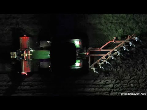 John Deere 6130R with GPS onland ploughing at night with Ovlac 8 furrow and Votex Landmaster 310