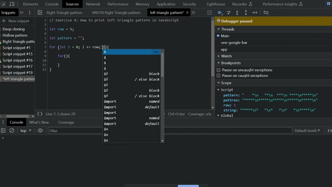 JavaScript left triangle star pattern coding challenge