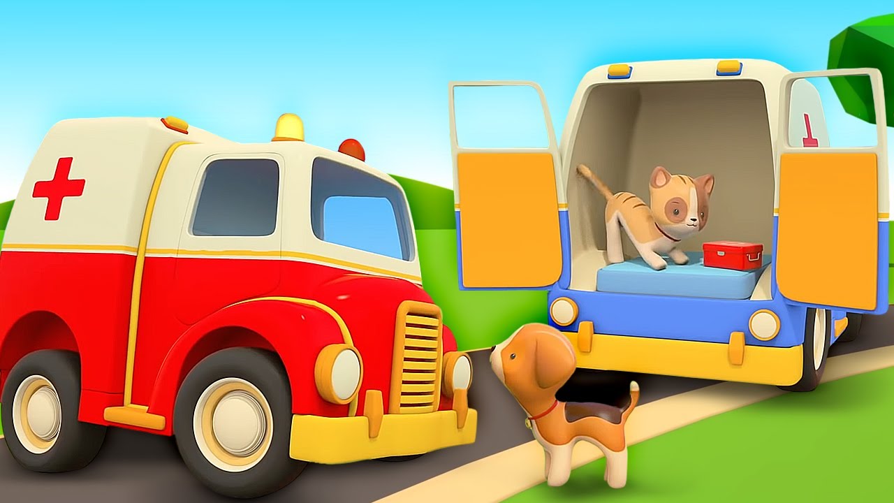 La ambulancia. Vehículos de servicio. Dibujos animados para niños