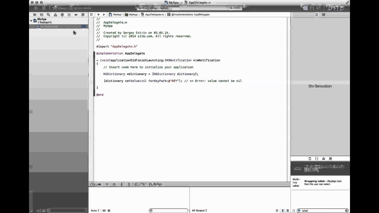 How to add Exception breakpoint in XCode, Objective-C
