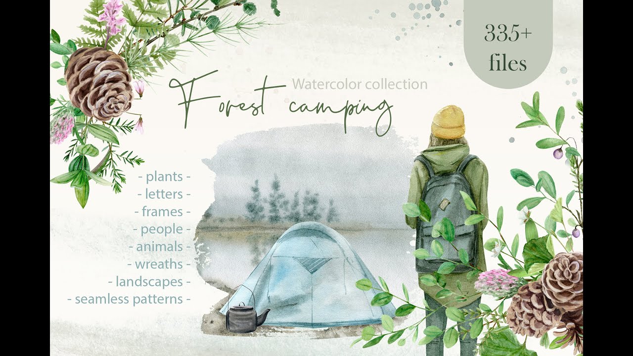 Watercolor Forest Camping Clipart Set