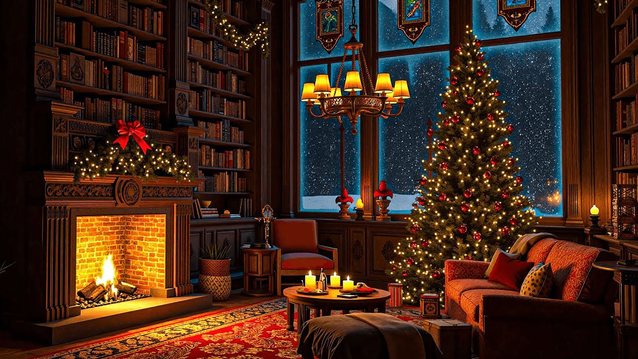 Crackling Fires and Snowfall ❄ Christmas Jazz Ambience in a Cozy Library for Quiet, Peaceful Nights