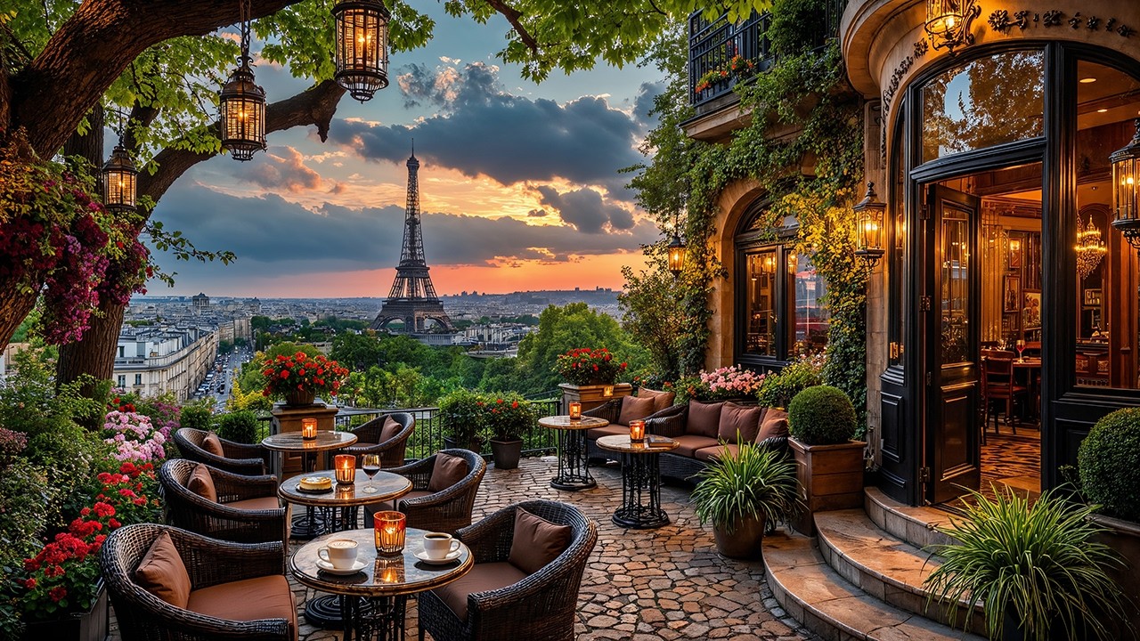 Golden Sunset Jazz in Paris ☕ Eiffel Tower Terrace Café Ambience & Smooth Jazz for Study & Work
