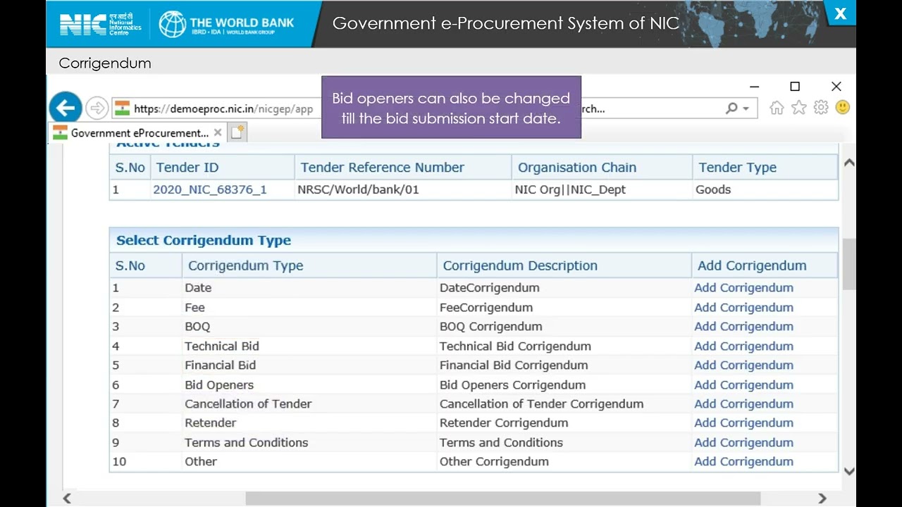 Corrigendum at Government e-Procurement System of NIC