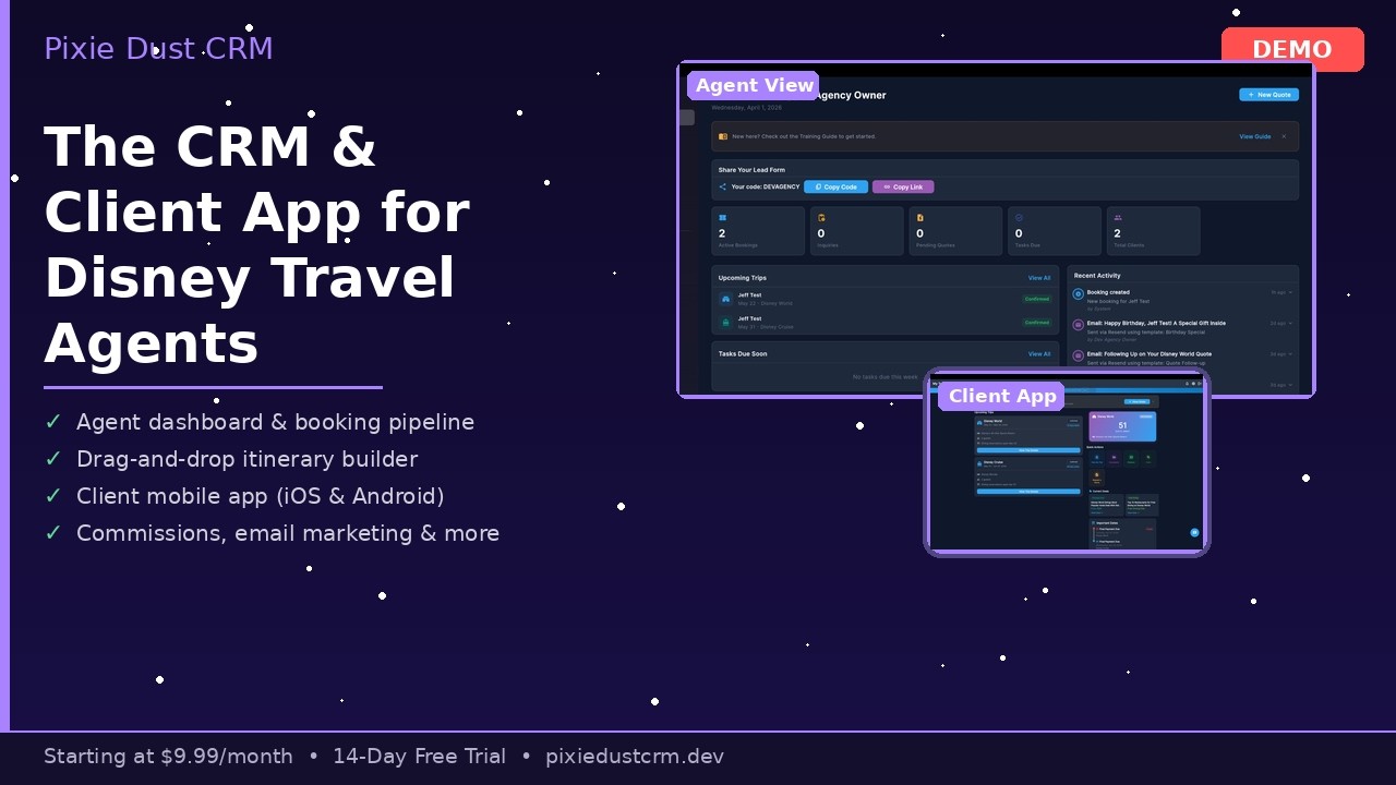 Pixie Dust CRM Demo | The CRM & Client App for Disney, Universal & Cruise Travel Agents